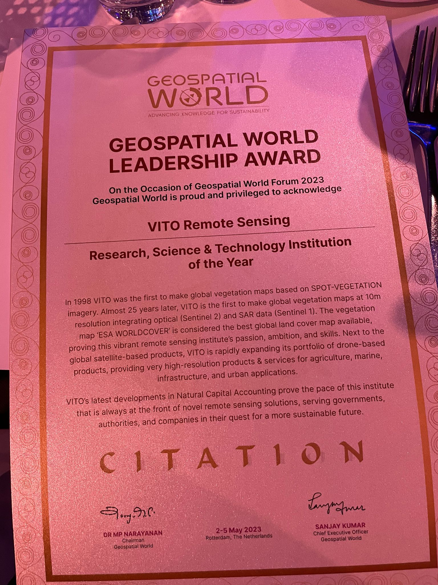 VITO Wins Geospatial World Leadership Award for Remote Sensing Expertise